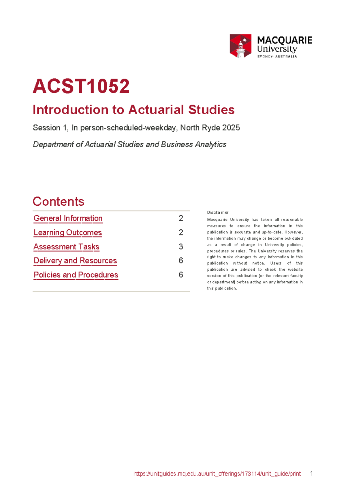 ACST1052 Unit Guide: Introduction to Actuarial Studies 2025 - Studocu