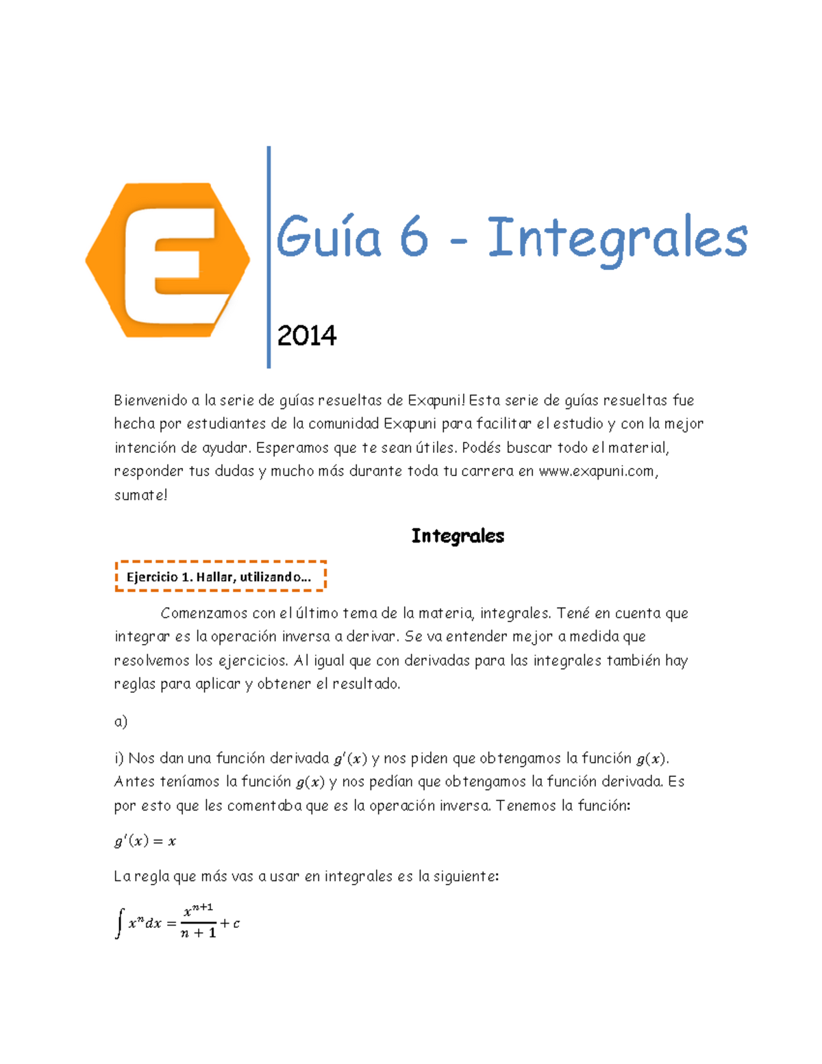 Guía 6 - Integrales: Ejercicios y Soluciones Detalladas - Studocu