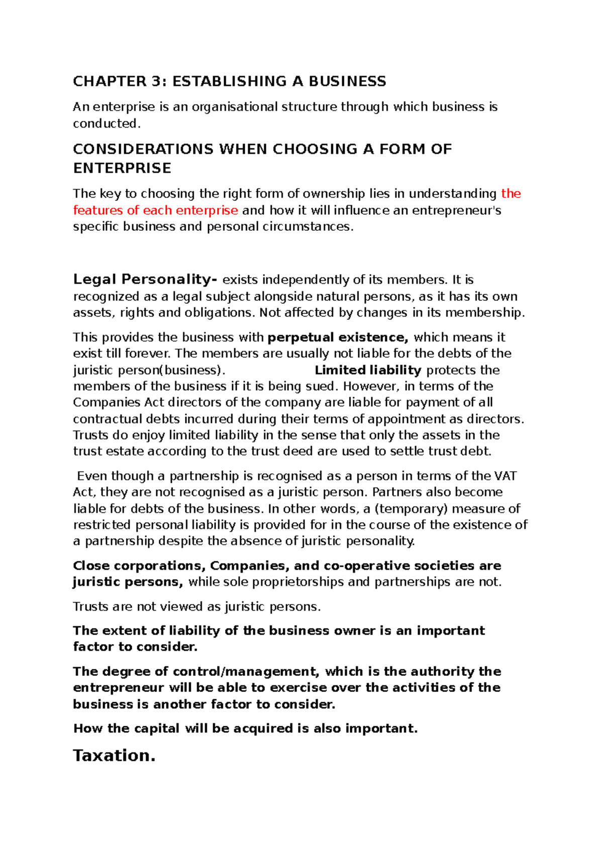 202344762 Chapter 3 - Business Establishment and Structure Notes - Studocu