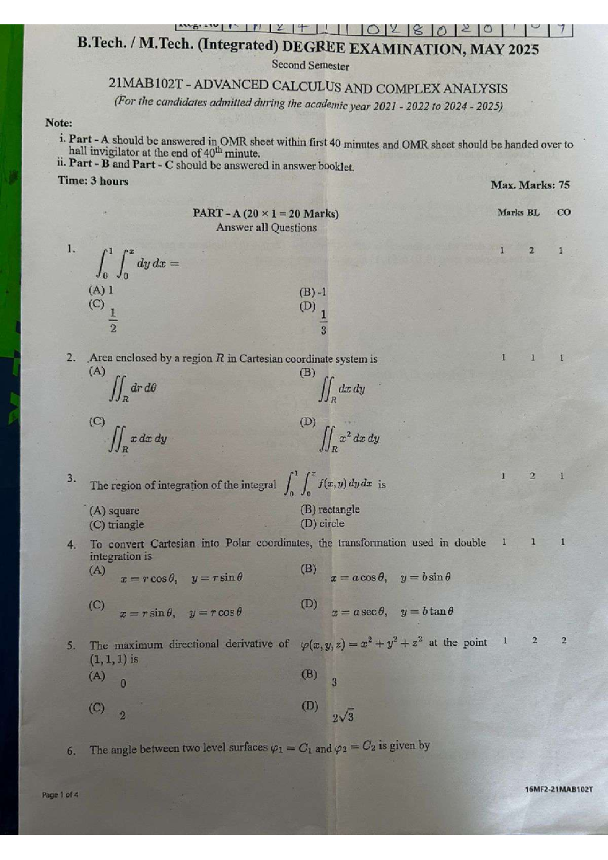 B.Tech. M.Tech. (Integrated) 2nd Sem Advanced Calculus & Complex Analysis Exam - Studocu
