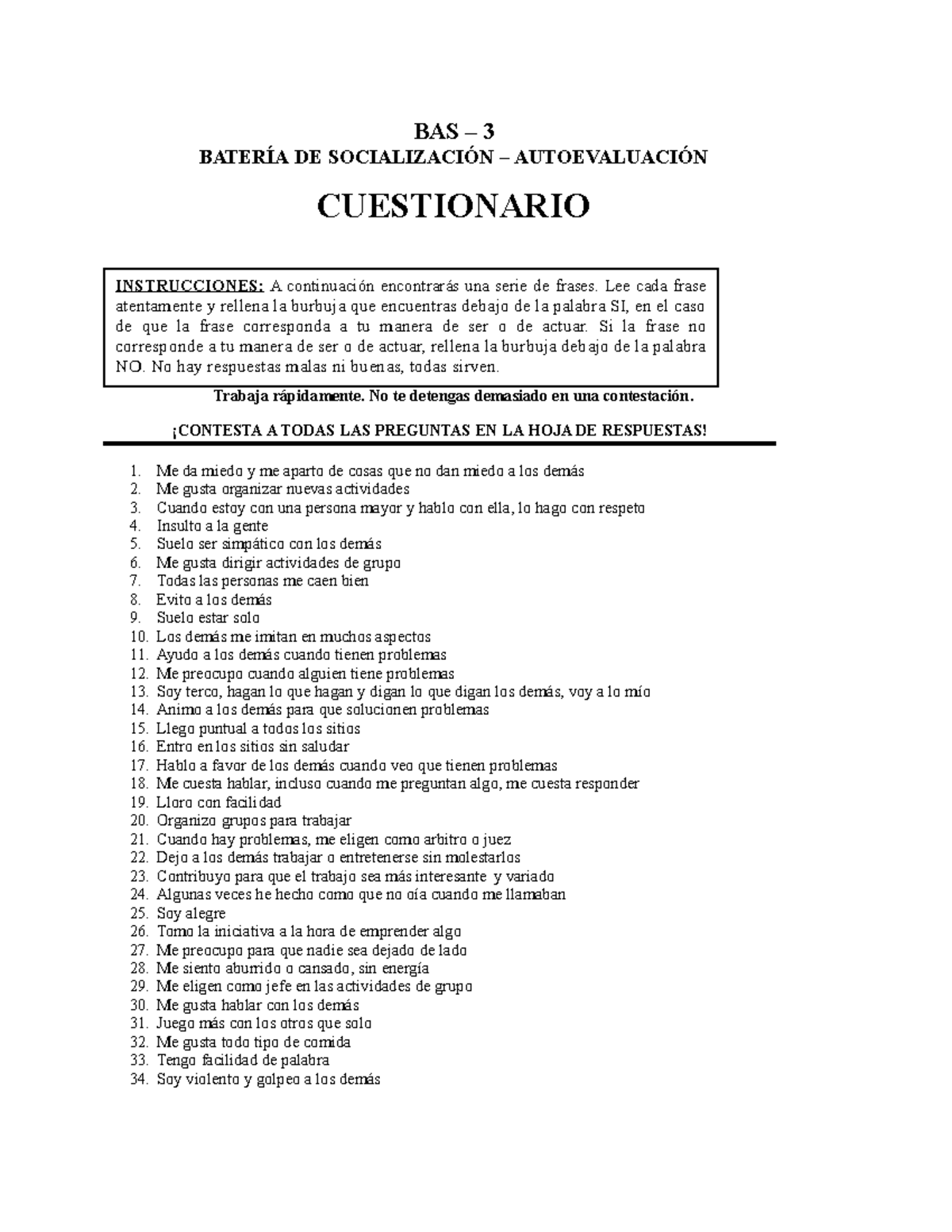 BAS-3: Instrucciones y Cuestionario de Autoevaluación en Socialización ...