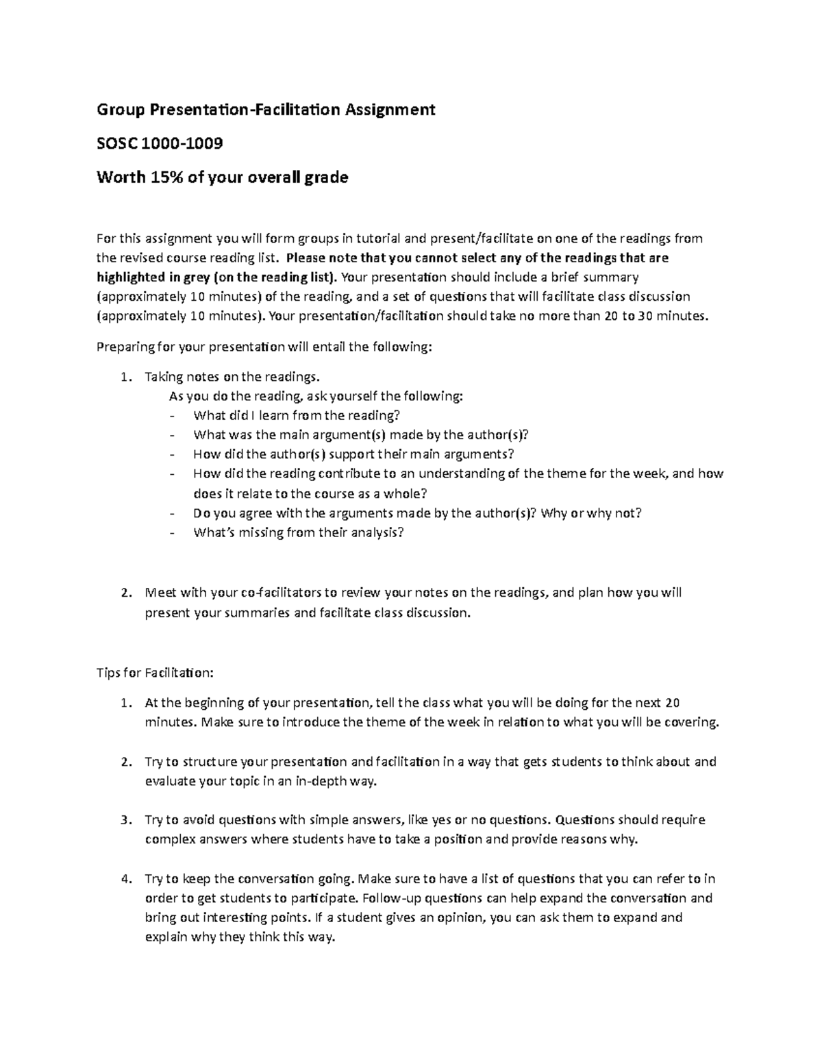 SOSC 1000 Group Presentation Facilitation Assignment Guidelines - Studocu