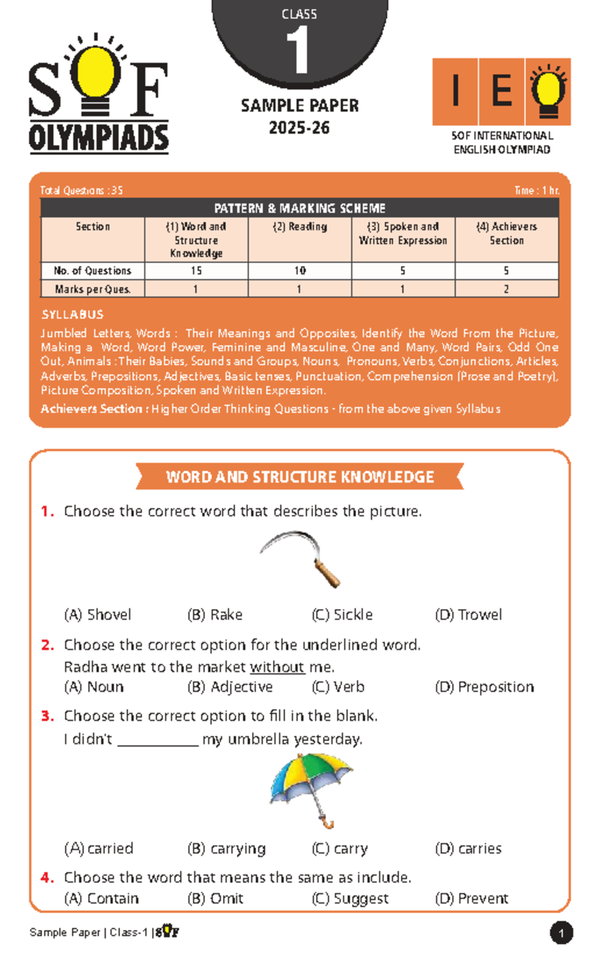 Ieo sample paper class-1 2025-26 - WORD AND STRUCTURE KNOWLEDGE 1 ...