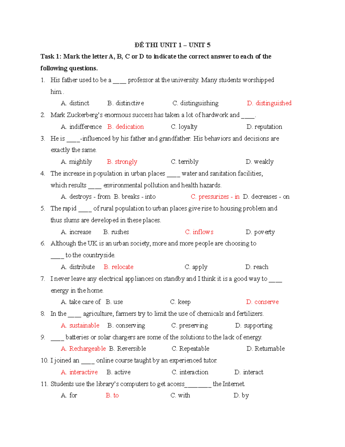 ĐỀ THI UNIT 1-5: Multiple Choice Questions and Answers - Studocu