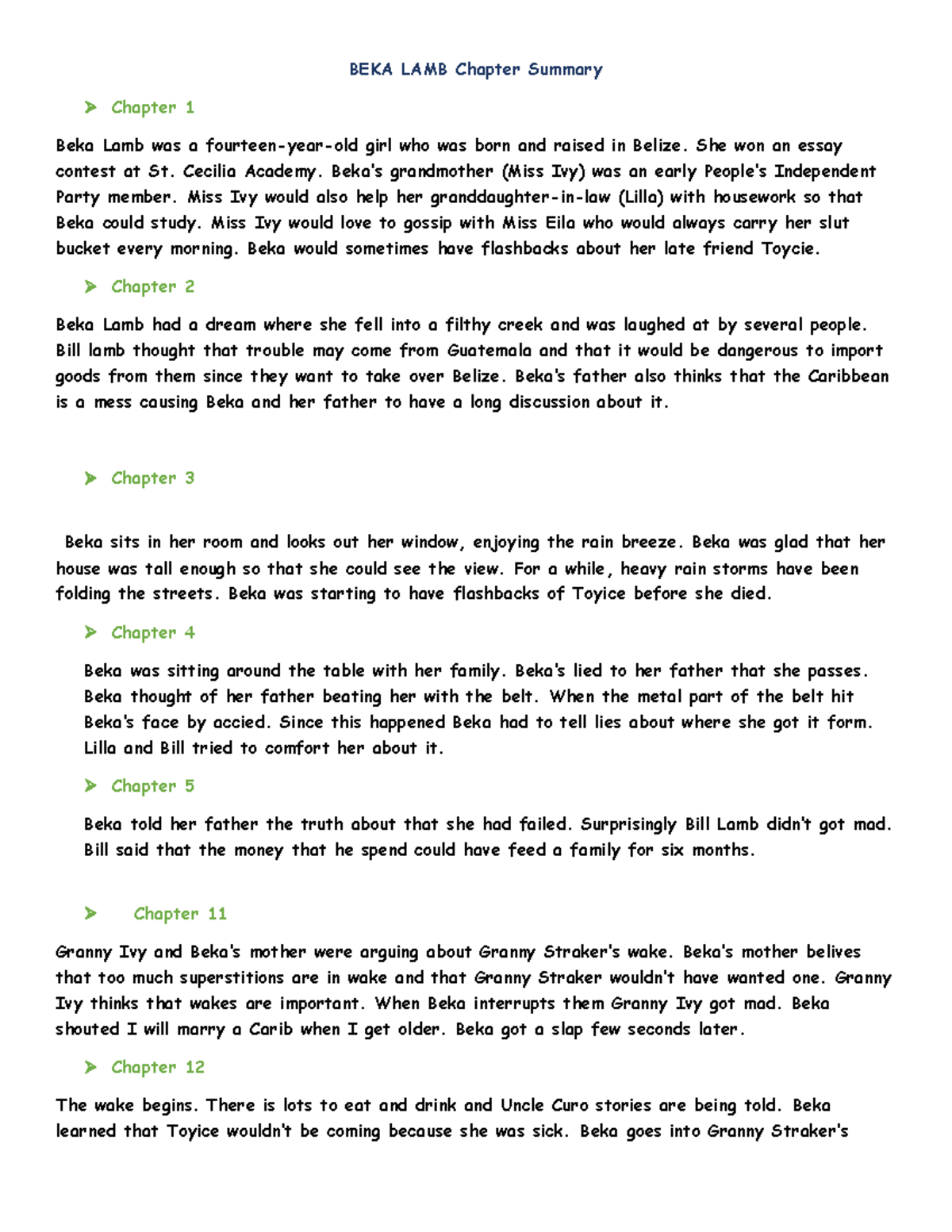 BEKA LAMB (ENG101) Comprehensive Chapter Summary and Analysis - Studocu