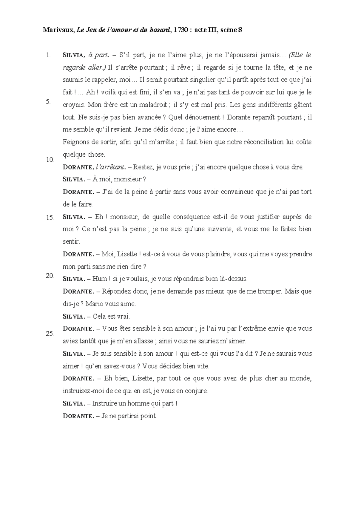 Le Jeu de l'Amour et du Hasard - Acte 3, Scène 8 Analyse - Studocu