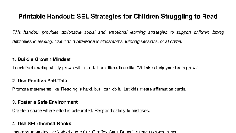 Printable SEL Strategies Handout for Struggling Readers - Studocu