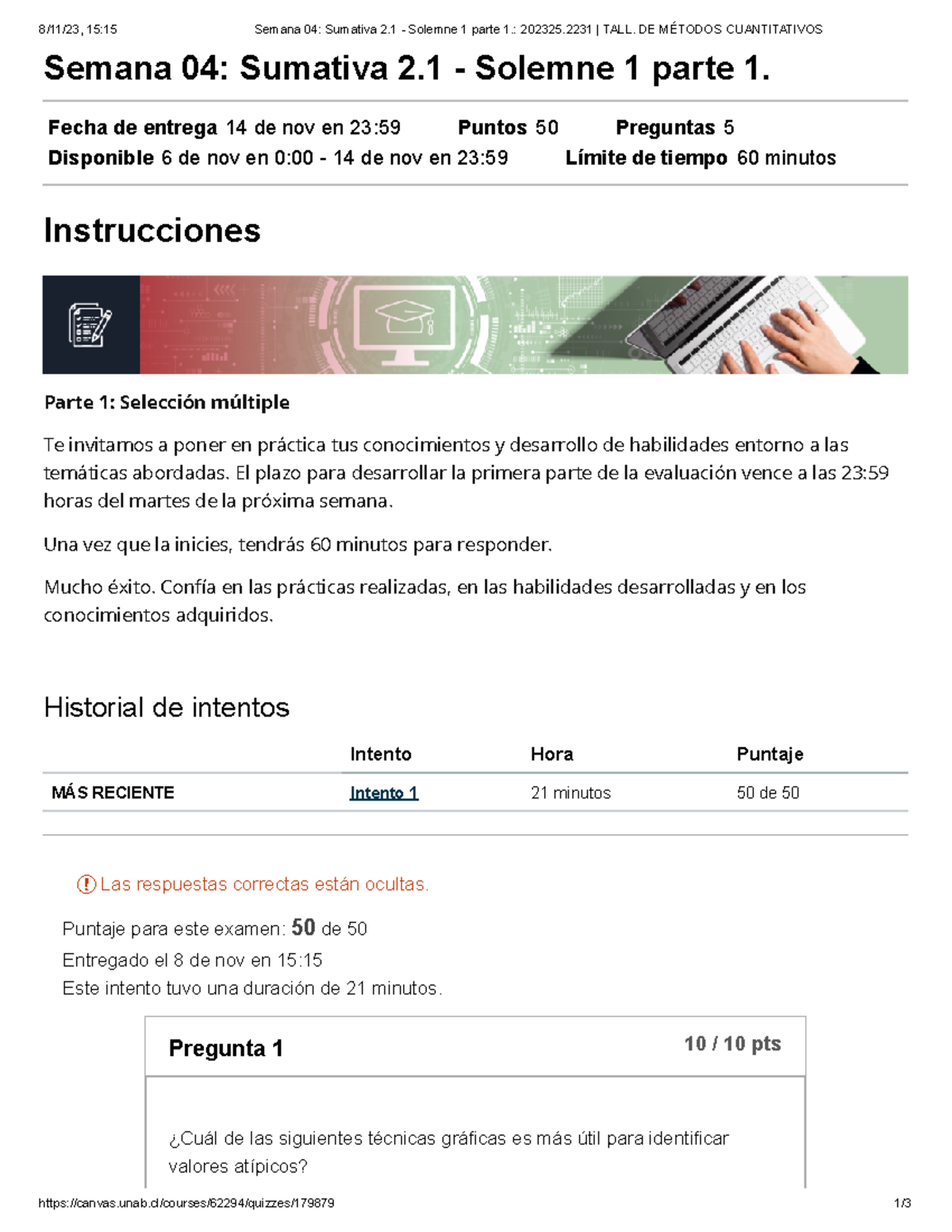 Semana 04 - Sumativa 2.1: Solemne 1 Parte 1 (202325.2231) TALL. MÉTODOS CUANTITATIVOS - Studocu