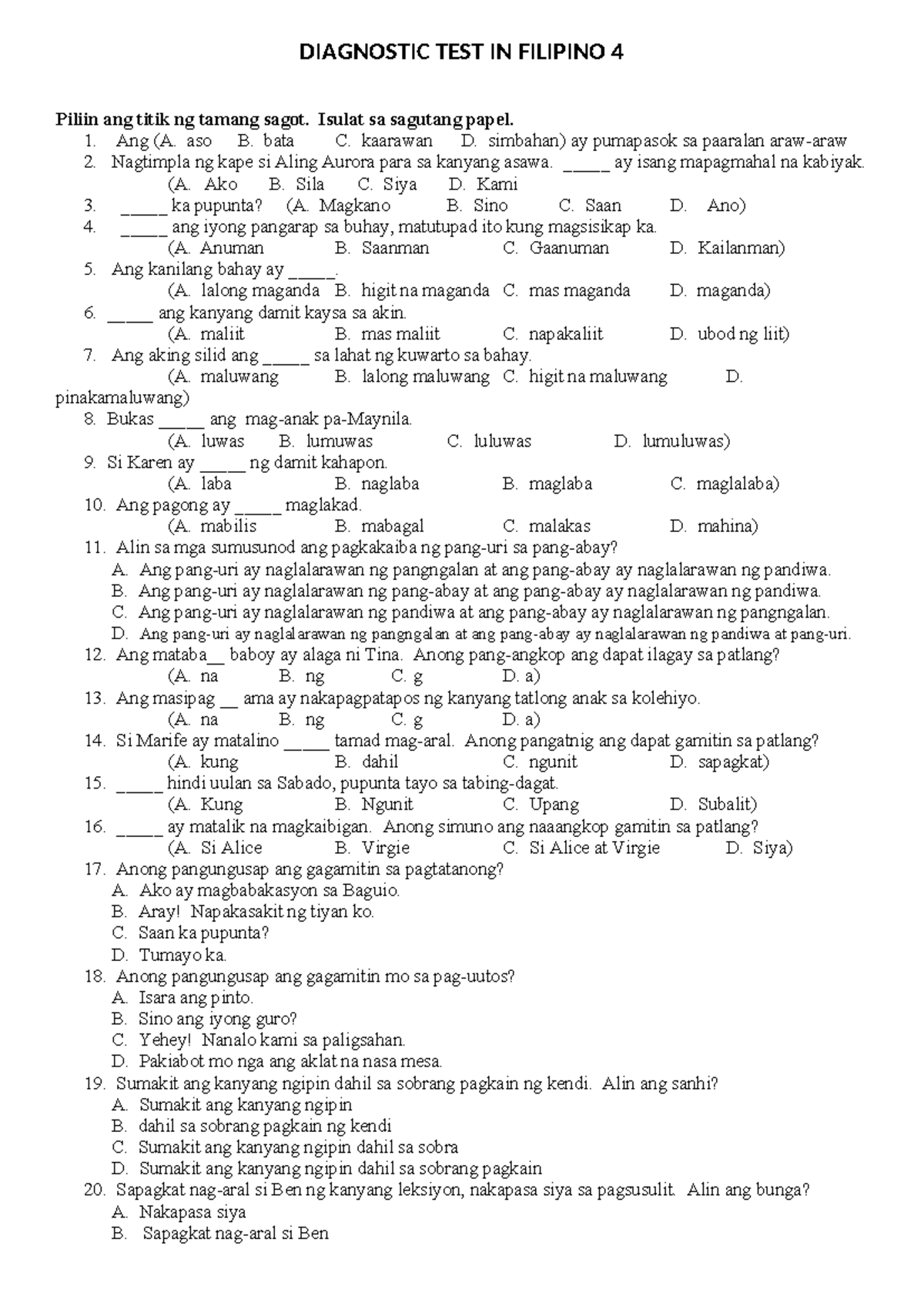 Diagnostic Test in Filipino 4: Multiple Choice Questions and Answers ...