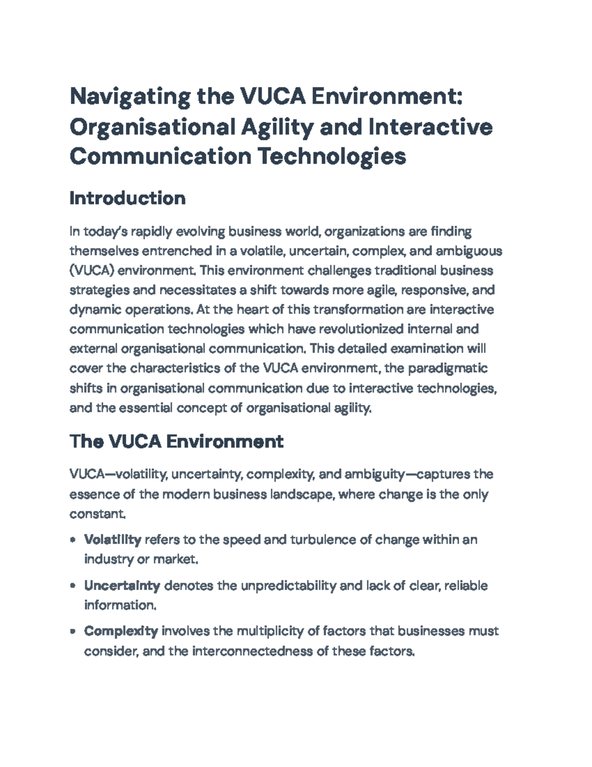 Organisational Agility in a VUCA Environment: Communication Tech Insights - Studocu