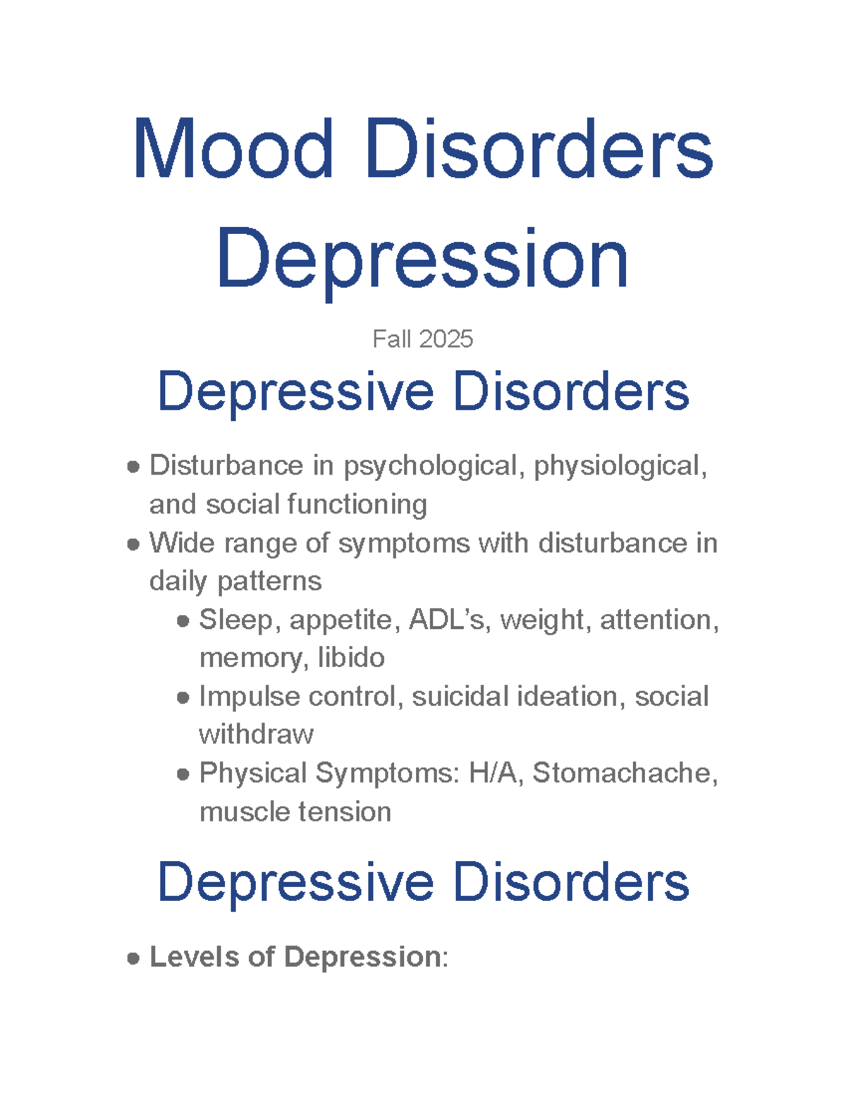 Understanding Mood Disorders: Focus on Depression (Fall 2025) - Studocu