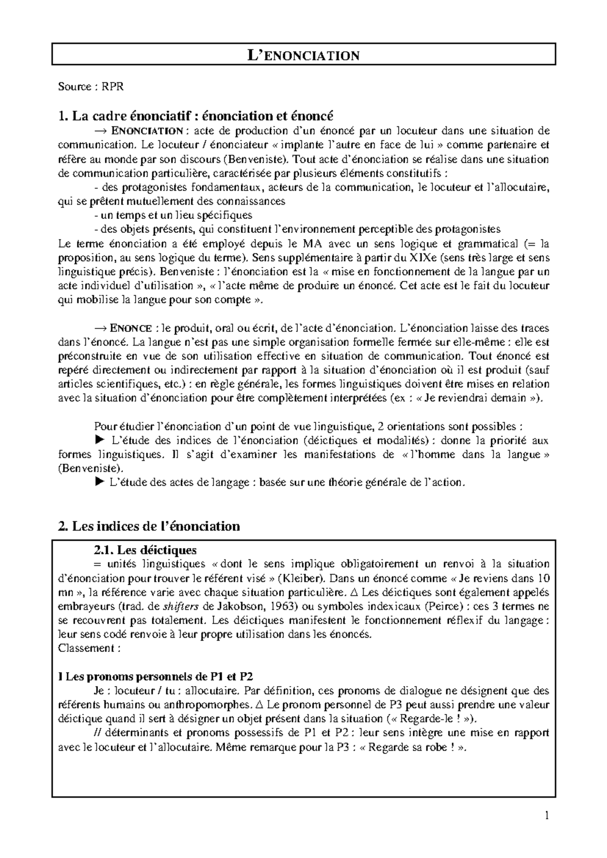 Fiche Enonciation - Notes de cours Grammaire - L’ENONCIATION Source ...