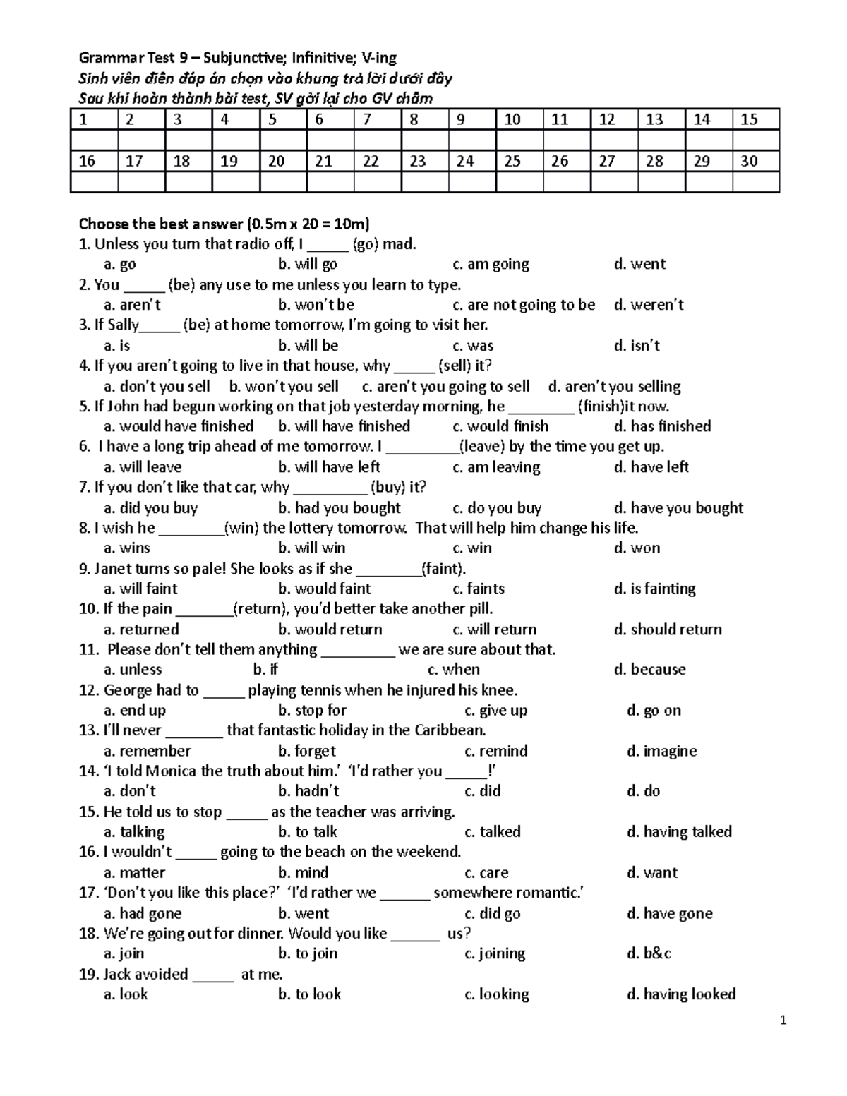 Grammar Test 9 - Subjunctive, Infinitive, and V-ing Practice - Studocu