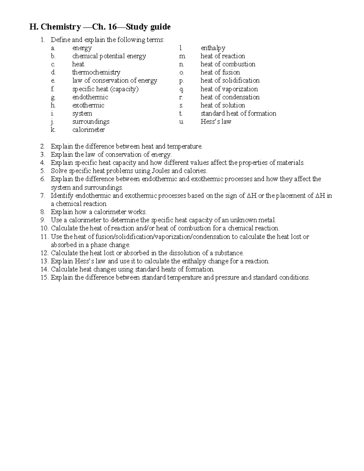 Ch. 16 Chemistry Study Guide: Energy, Heat, and Thermochemistry - Studocu