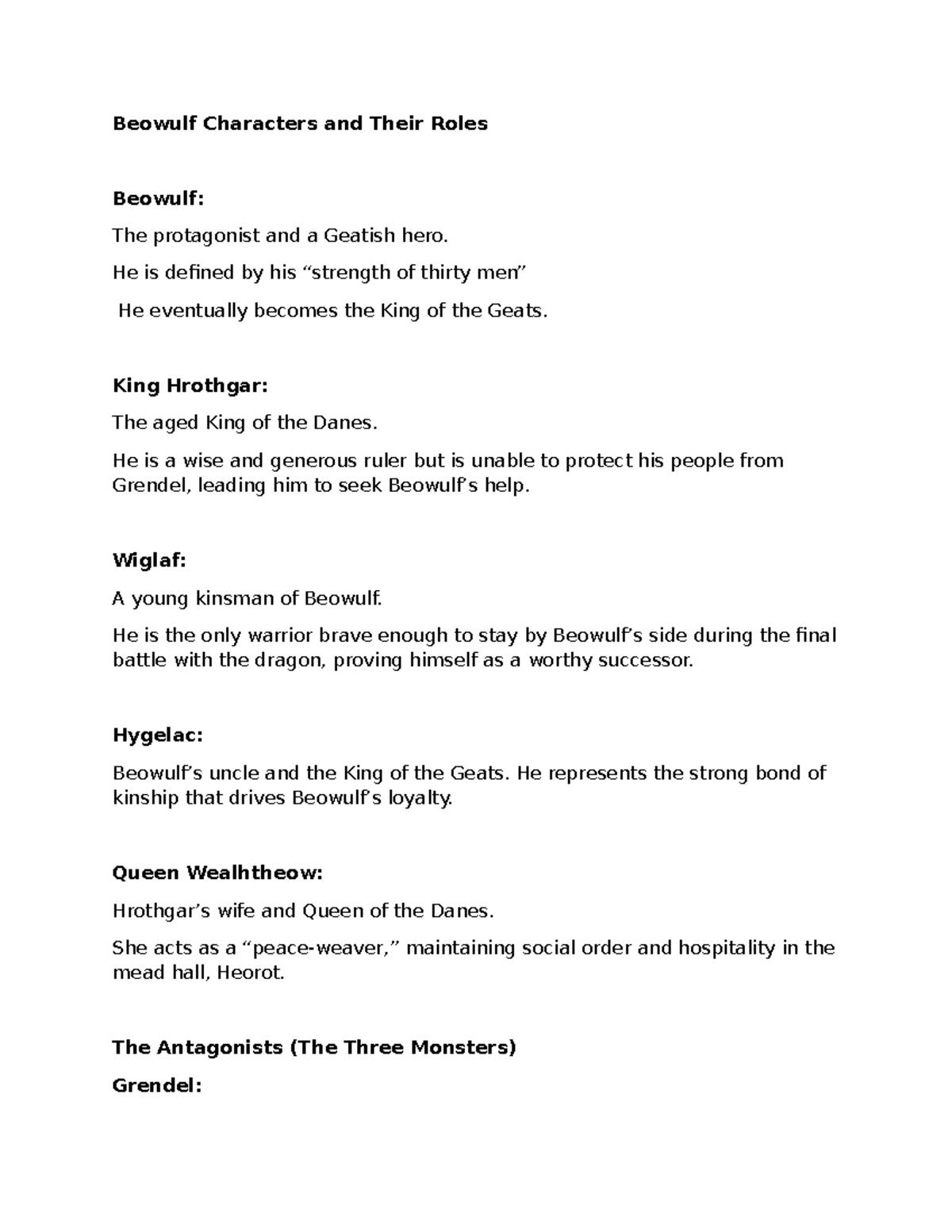 Beowulf Character Analysis and Their Roles in the Epic - Studocu