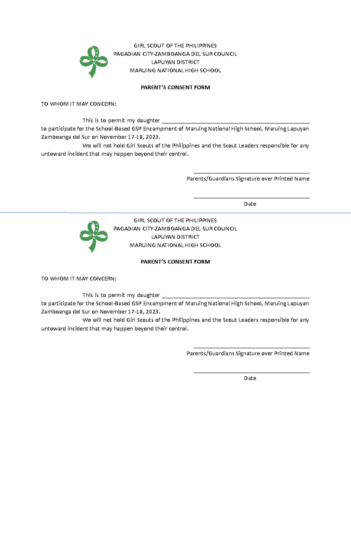 Parents Consent Form for GSP Encampment 2023 - Studocu