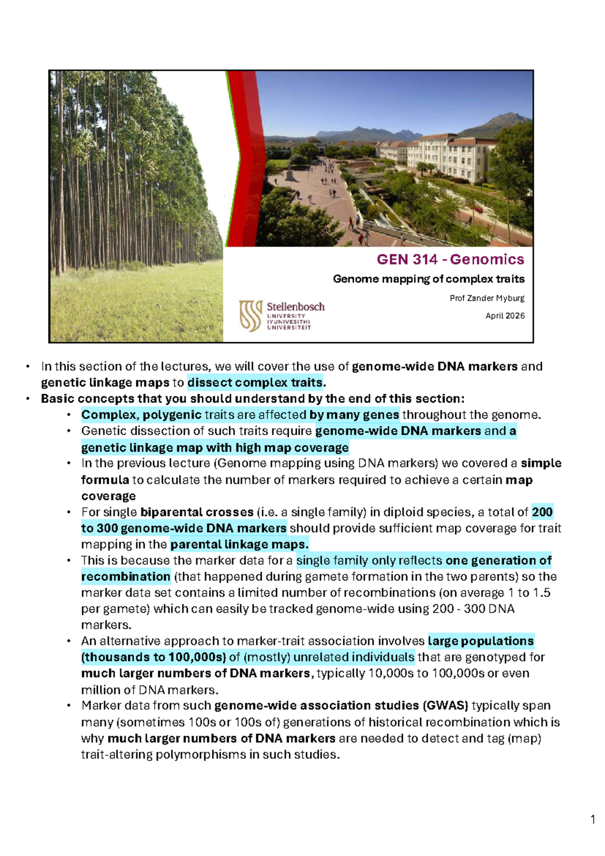 GEN 314 - Lecture on Genome Mapping of Complex Traits - Studocu