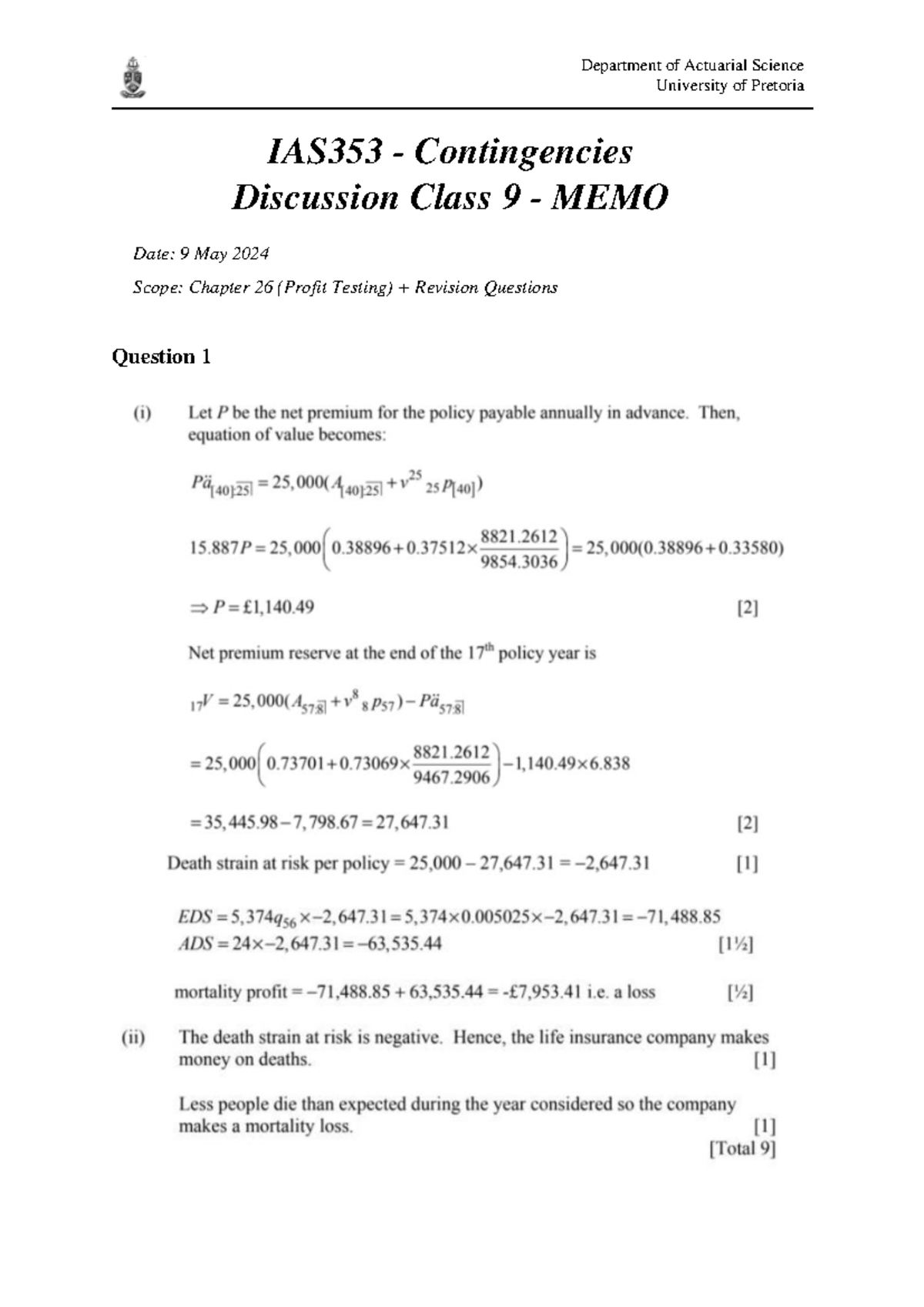 IAS353 Discussion CLass 9 MEMO - IAS 353 - University of Pretoria ...