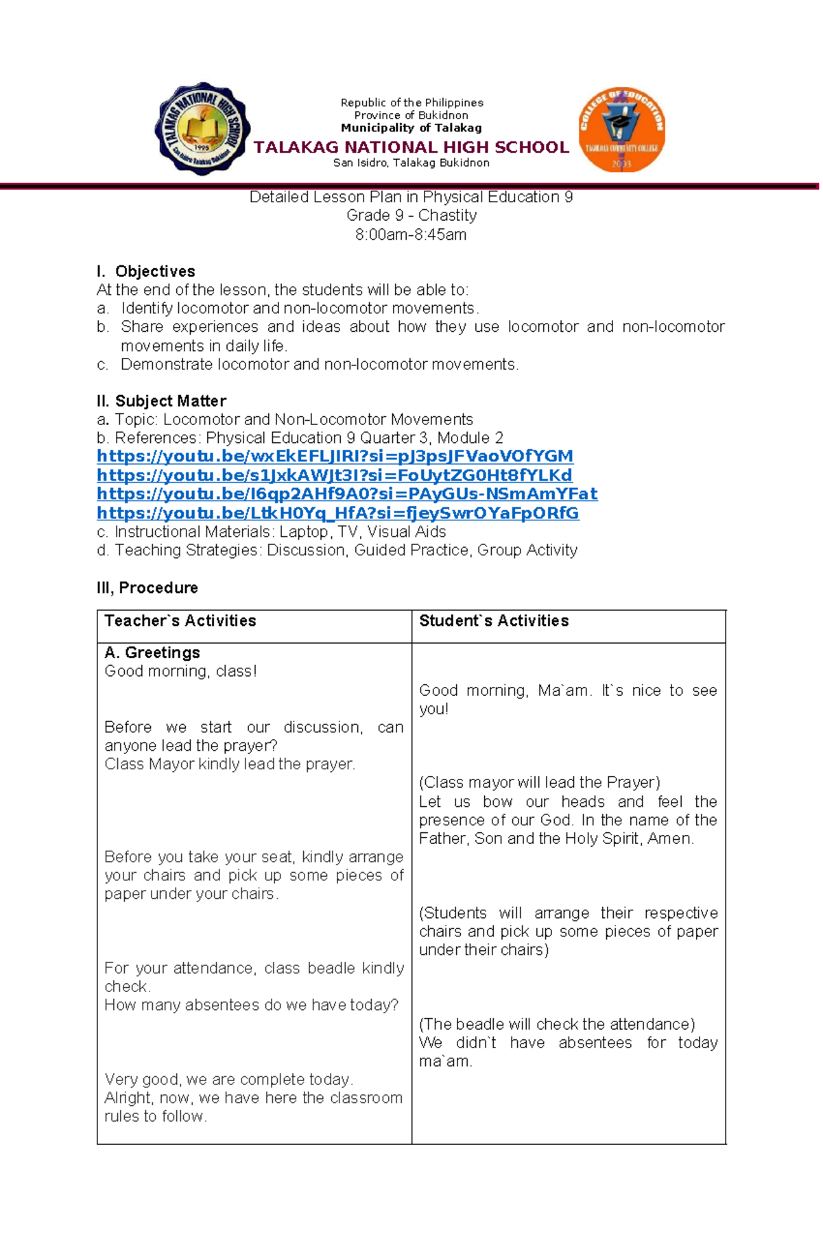 Detailed Lesson Plan in PE 9: Locomotor & Nonlocomotor Movements - Studocu
