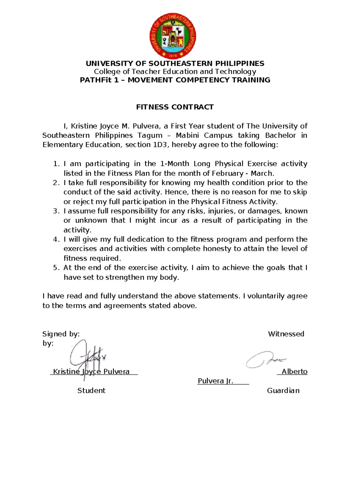 PATHFit 2 Movement Competency Training Fitness Contract and Log - Studocu