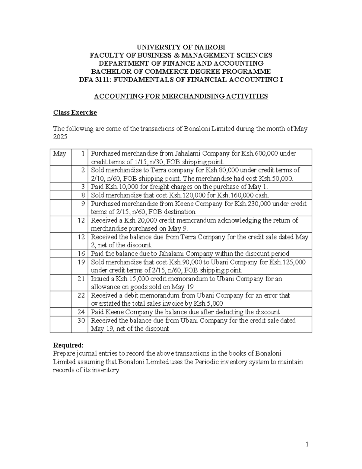DFA 101 Class Exercise: Accounting for Merchandising Activities - Studocu