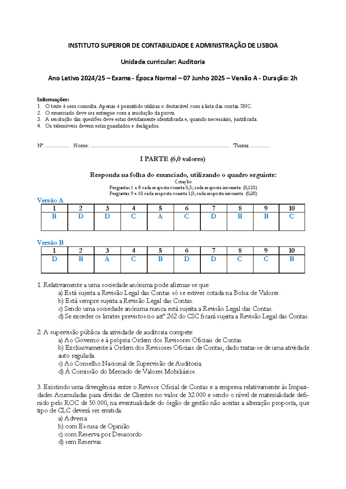 Exame Normal de Auditoria ISCAL - 07 Junho 2025 (Versão A) Resolvido ...
