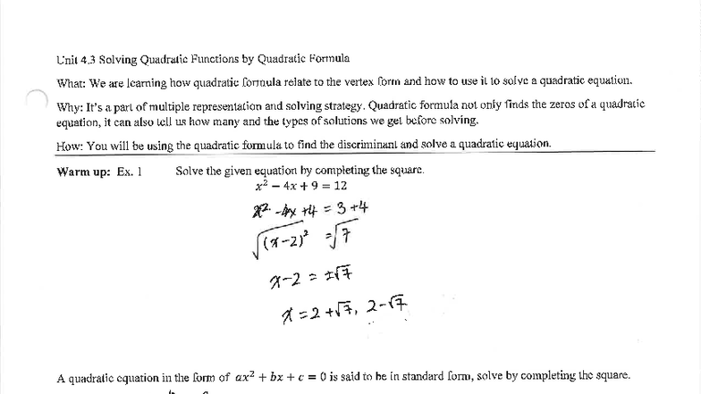 Unit 4.3 Solve Quadratic Functions by Quadratic Formula Completed Notes ...
