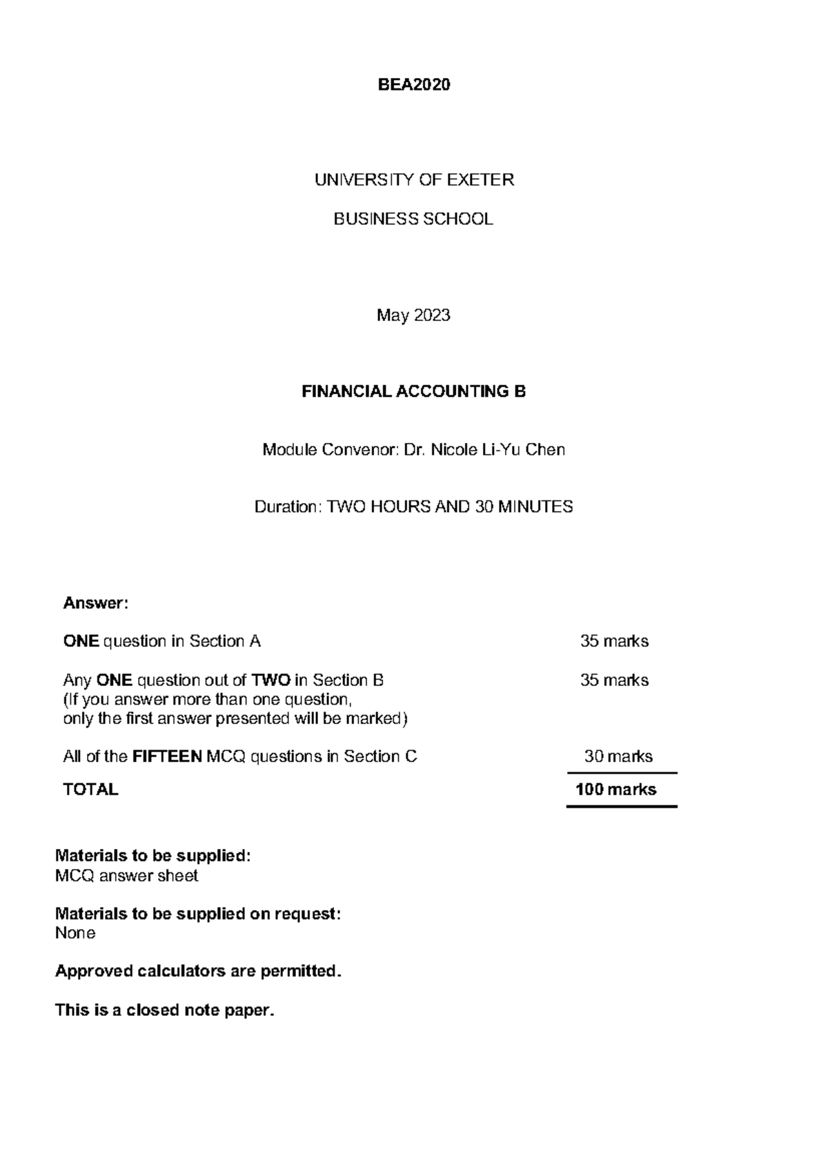 BEA2020 Financial Accounting Final Exam Questions - May 2023 - Studocu