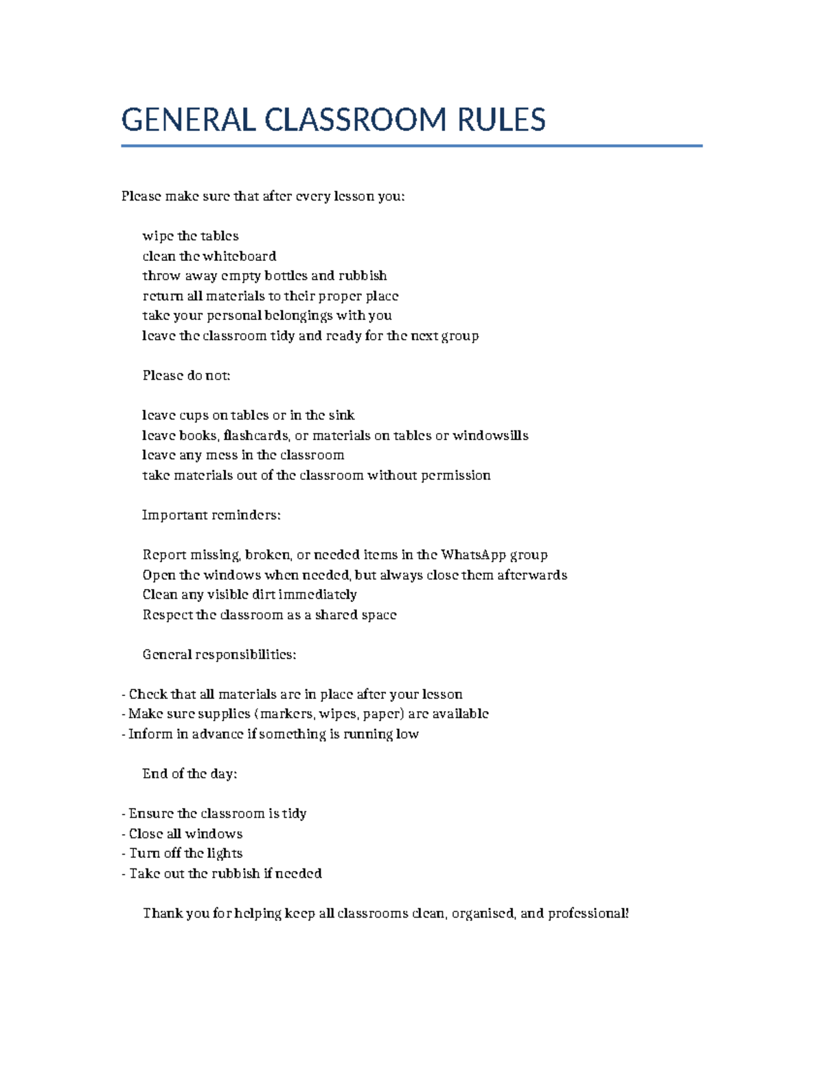 Classroom Management Guidelines: General Rules for Cleanliness - Studocu