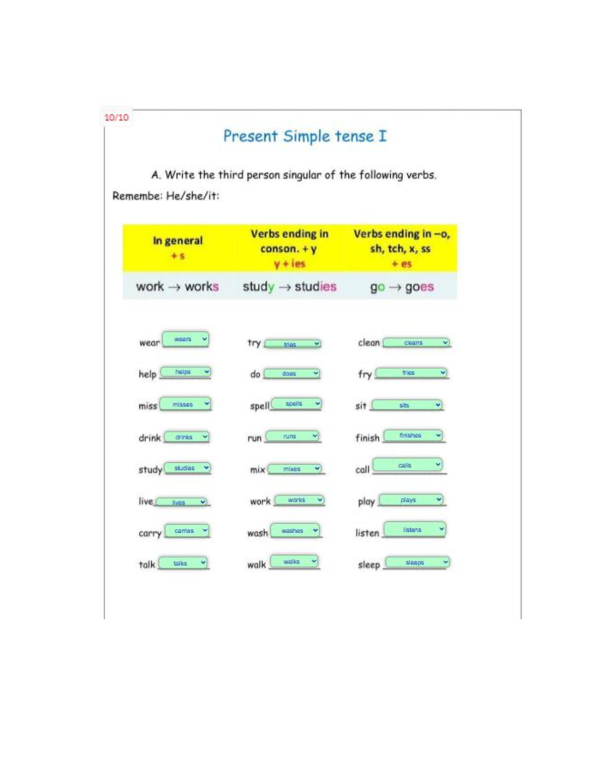 Inglés - Repaso de Presente Simple I: Tercera Persona Singular - Studocu