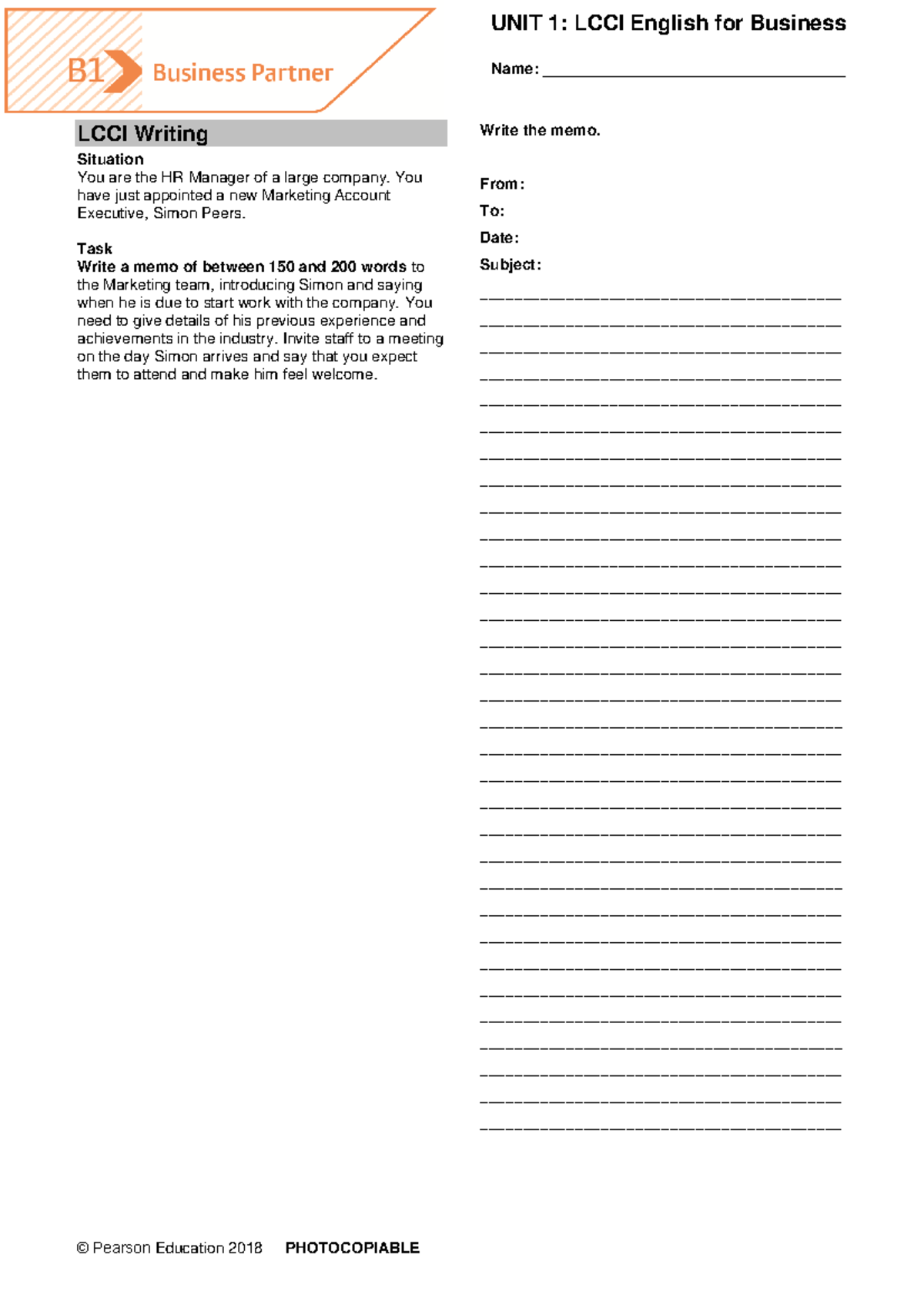 BP B1 Tests Unit1 LCCI - © Pearson Education 2018 PHOTOCOPIABLE UNIT 1 ...