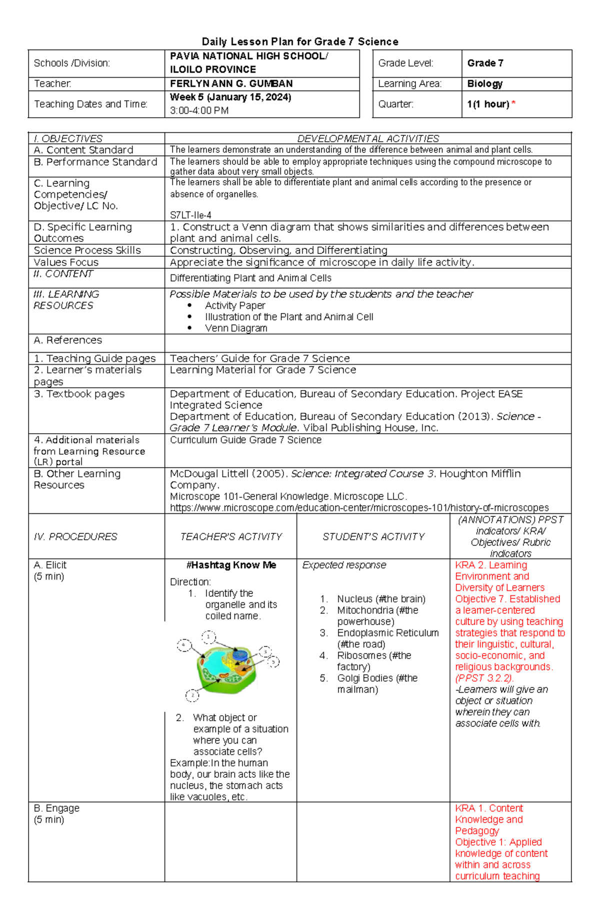 Grade 7 Science Lesson Plan: Differentiating Plant & Animal Cells - Studocu