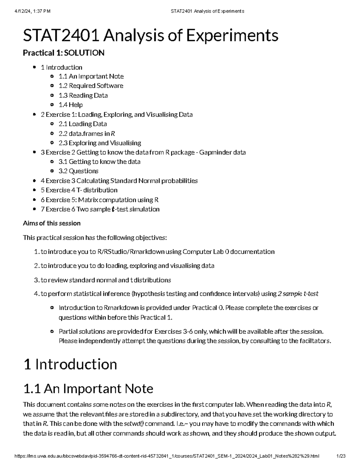 STAT2401 Practical 1: Analysis of Experiments with R Techniques - Studocu