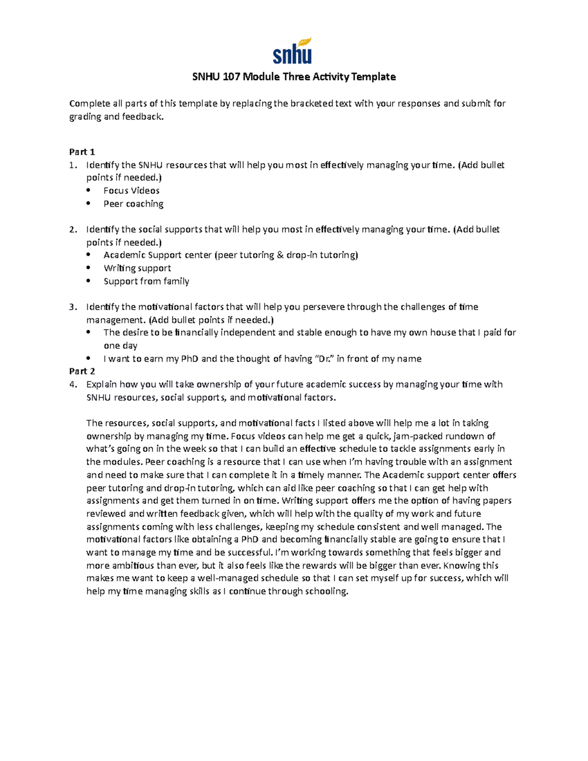 SNHU 107 Module 3 Activity: Time Management Resources & Support - Studocu