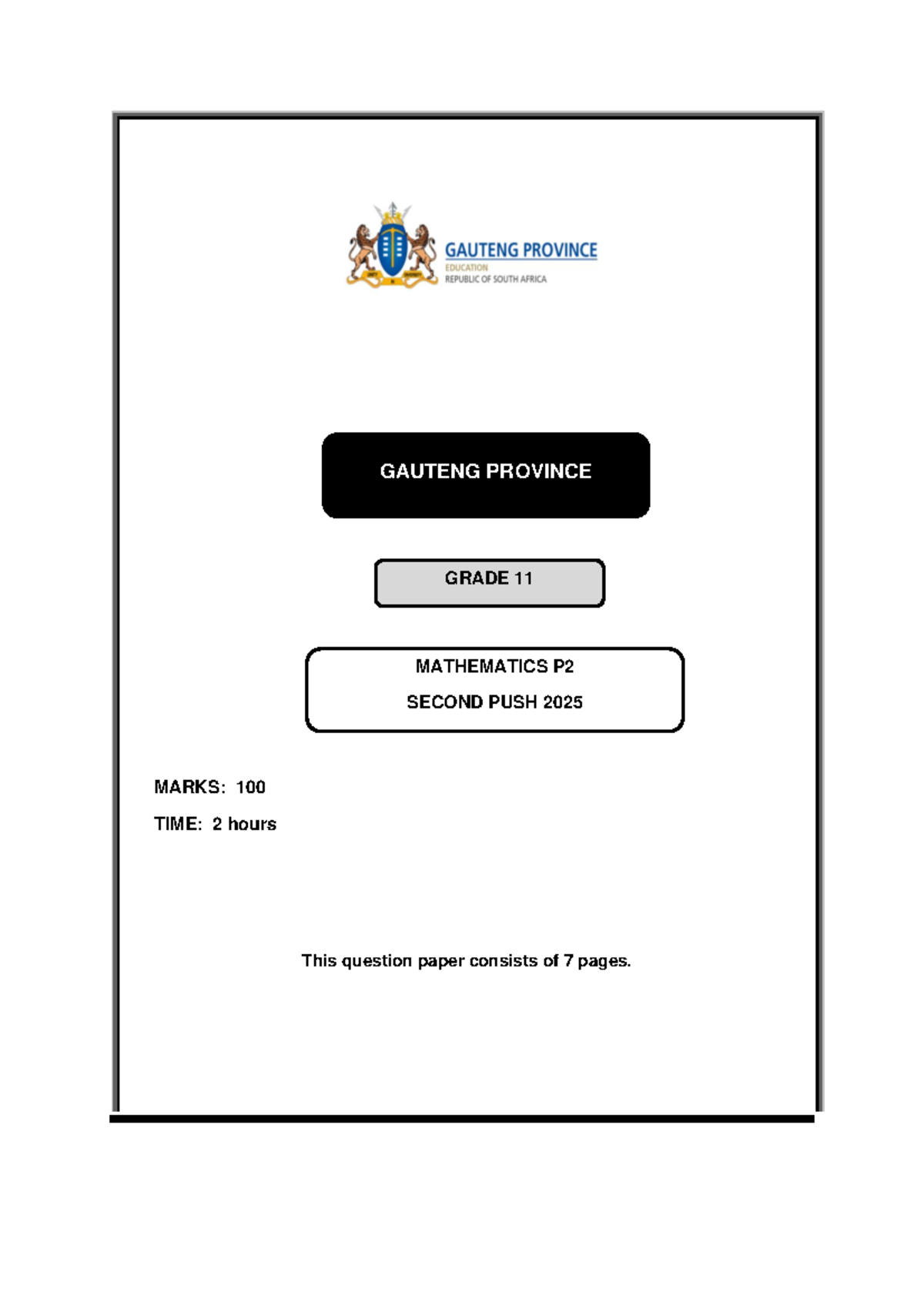 Grade 11 Mathematics P2 Second Push Test 2025 - Question Paper - Studocu