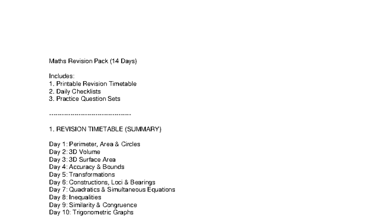 Maths Revision Pack (14 Days) with Timetable & Checklists - Studocu
