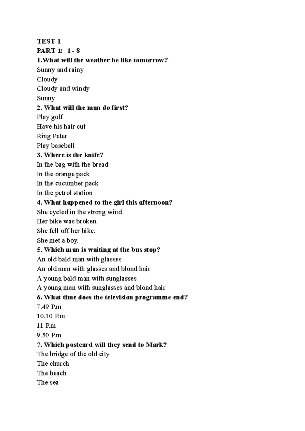 TEST 1 PART 1: Listening Comprehension Questions and Answers - Studocu