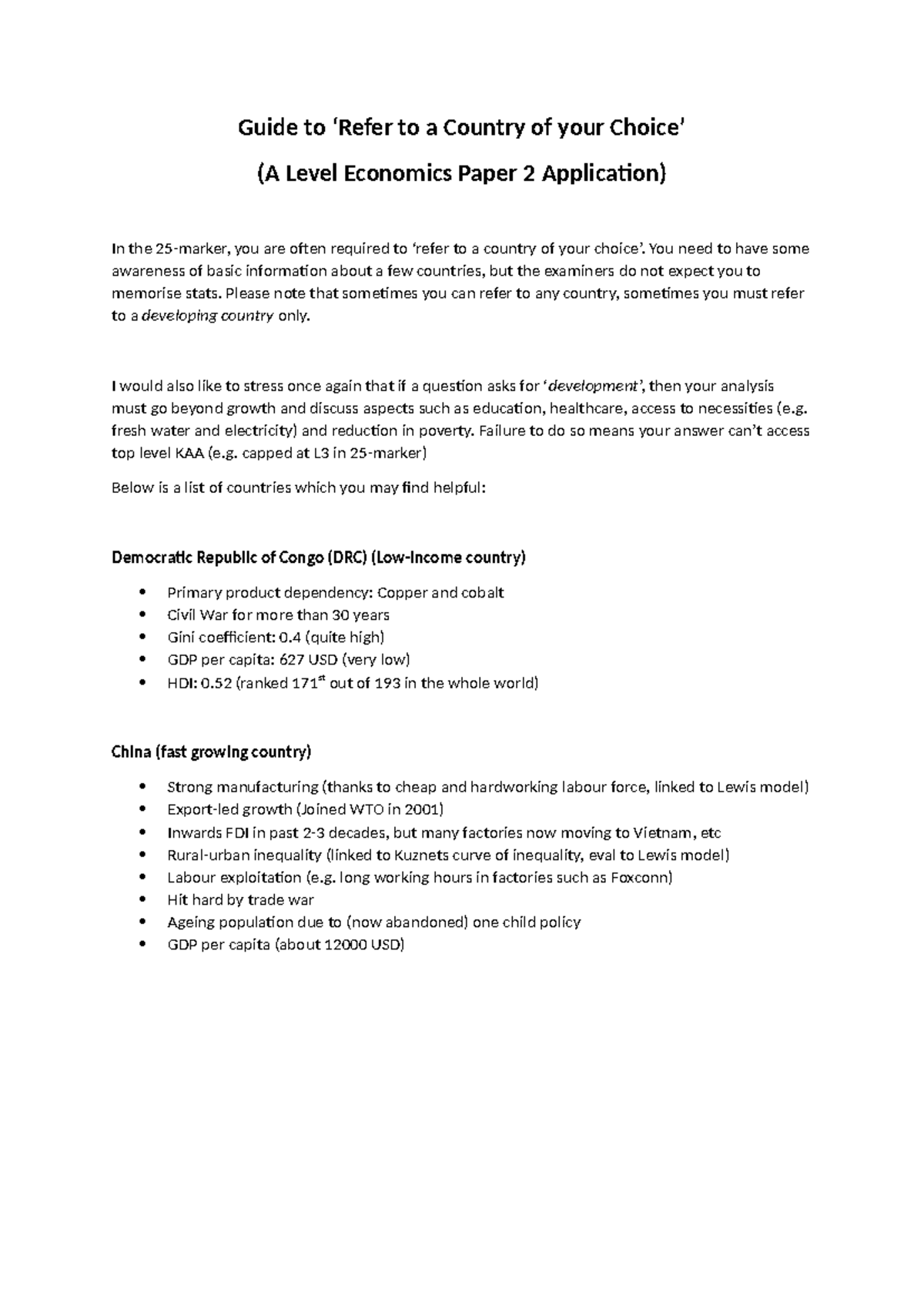 A Level Economics Paper 2: Guide to Referencing a Country of Choice ...