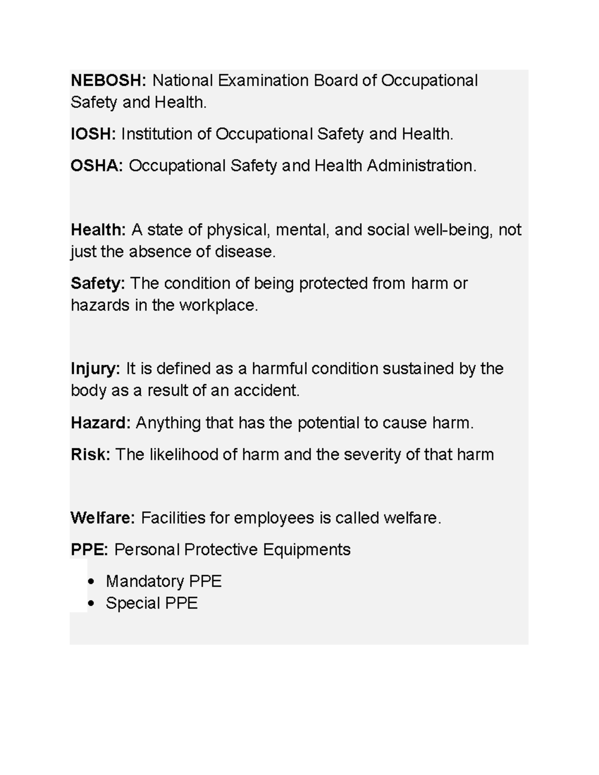 NEBOSH & IOSH: Basic Terms and Definitions in Safety & Health - Studocu
