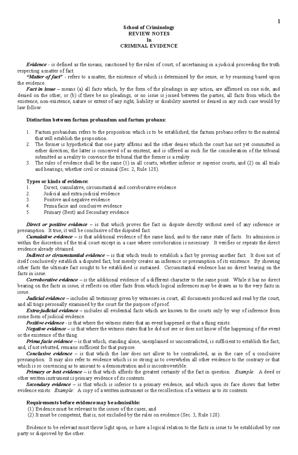 CRIM 471669496: Review Notes on Criminal Evidence - Studocu