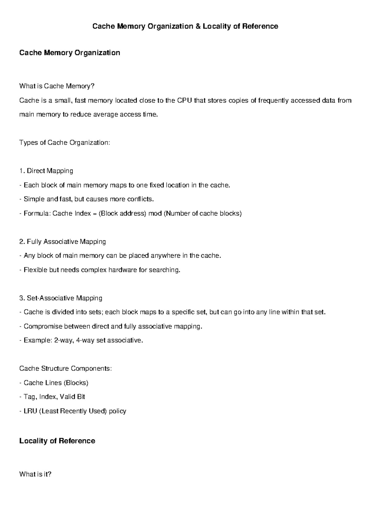 CS101: Cache Memory Organization and Locality of Reference - Studocu
