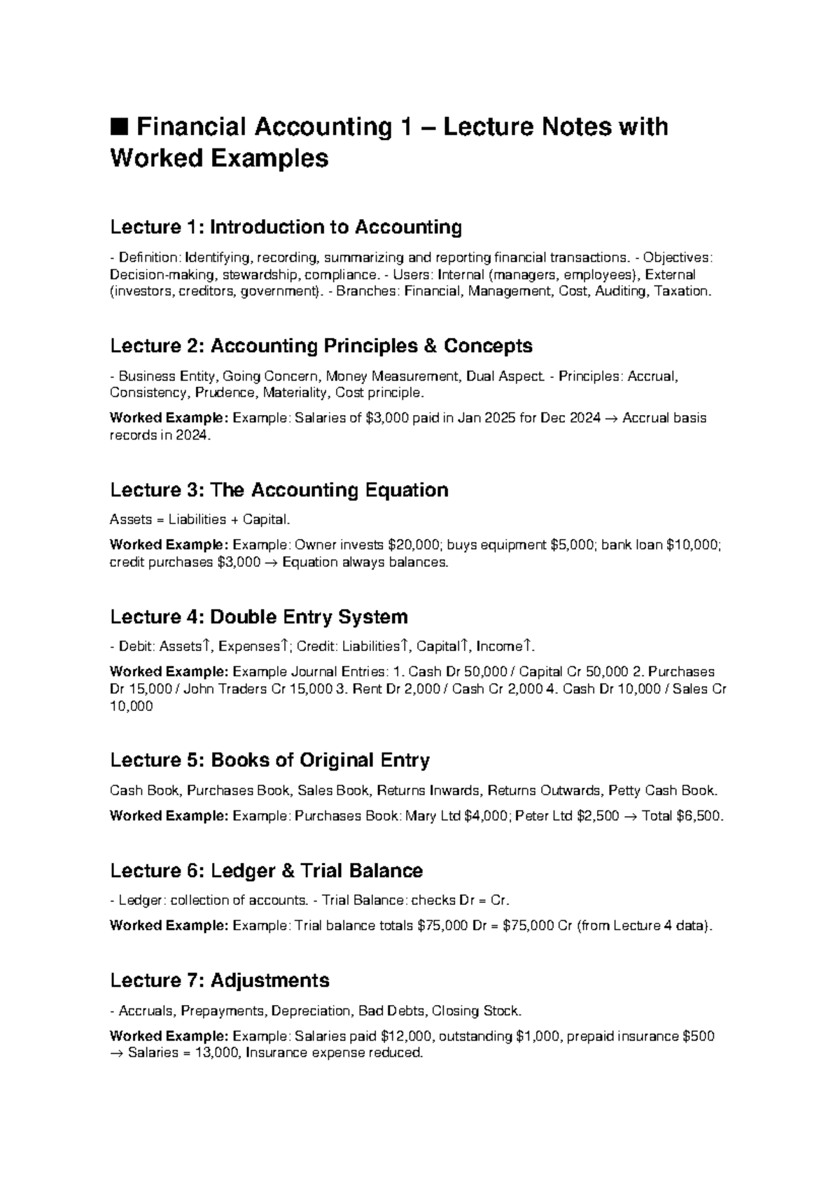 Financial Accounting 1 Lecture Notes: Key Concepts & Examples - Studocu