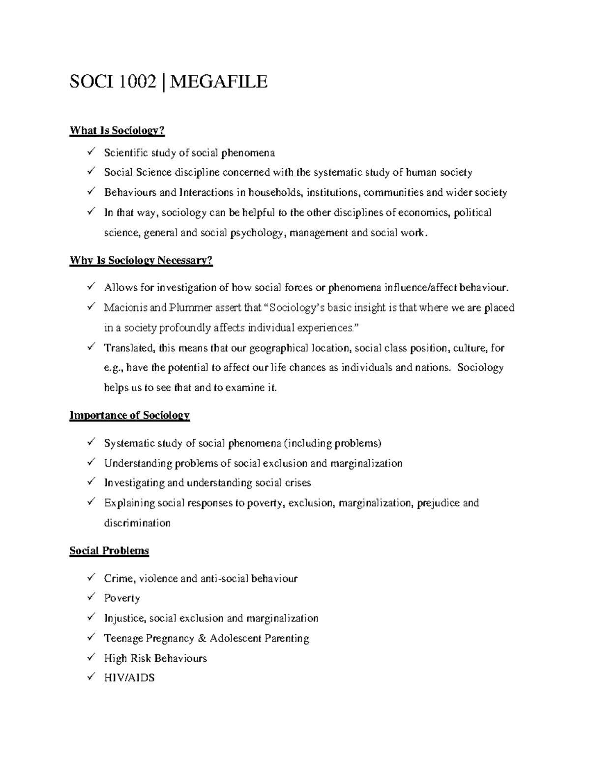 SOCI 1002 Lecture Notes: Understanding Sociology and Its Importance ...