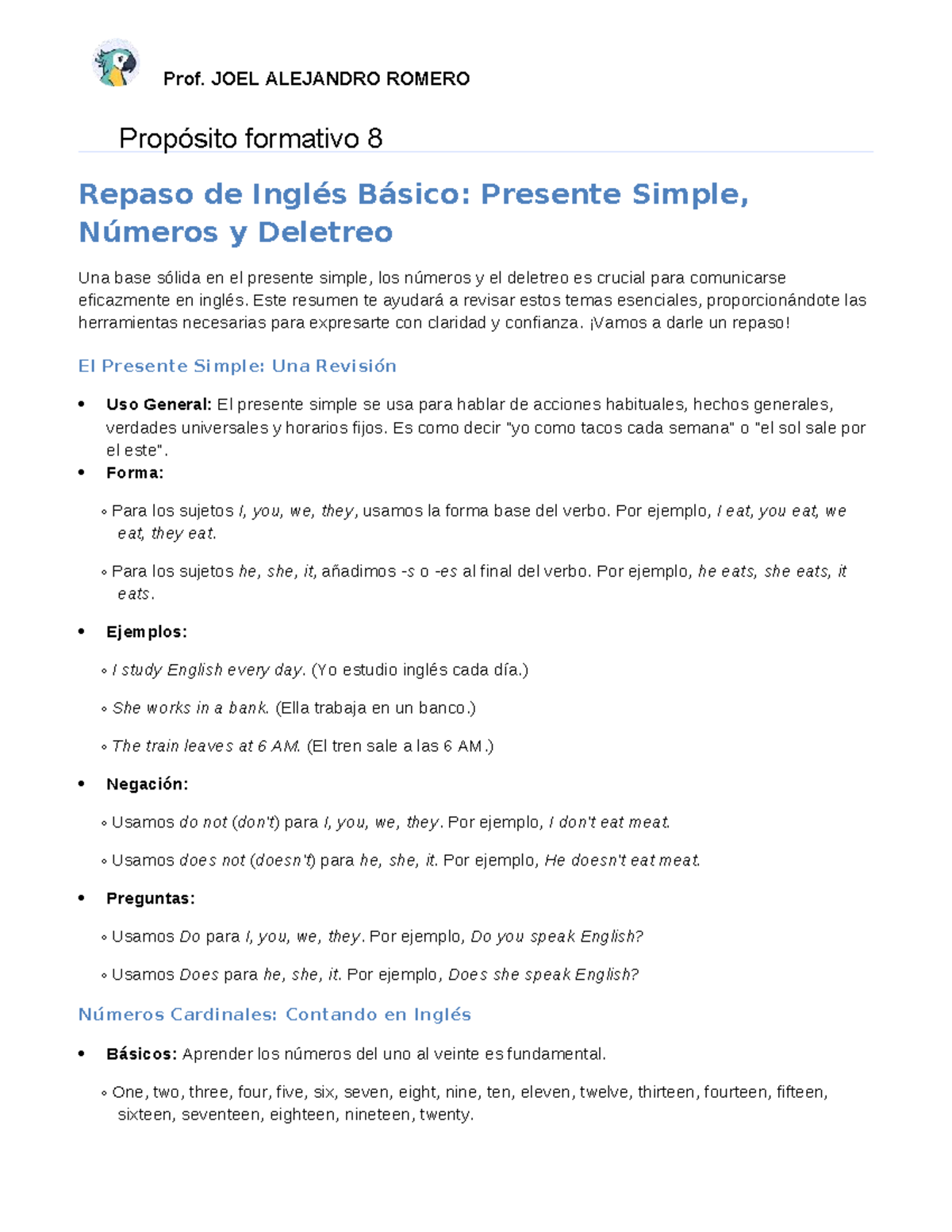 (PF8) Repaso de Inglés Básico: Presente Simple, Números y Deletreo ...
