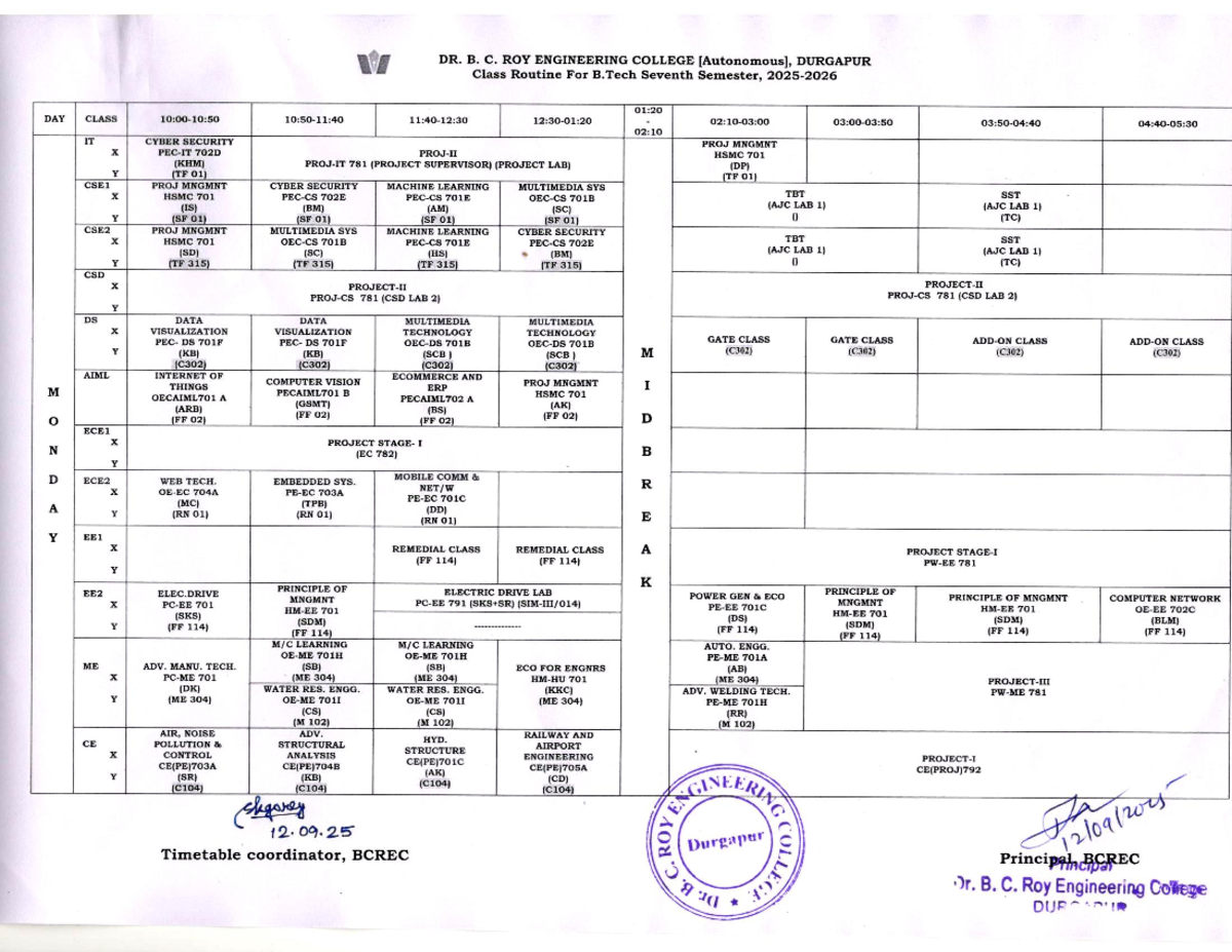 B.Tech 7th Sem Class Routine 2025-26 at Dr. B. C. Roy Engineering ...