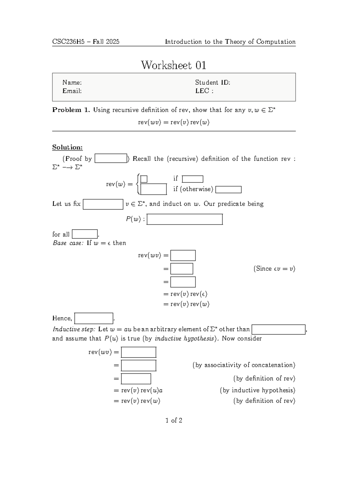 CSC236H5 Fall 2025 Theory of Computation Worksheet 01 - Studocu