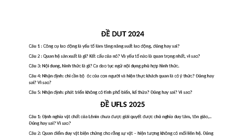 ĐỀ CÁC NĂM DUT 2024 - UFLS 2025: Câu Hỏi và Phân Tích Triết Học - Studocu