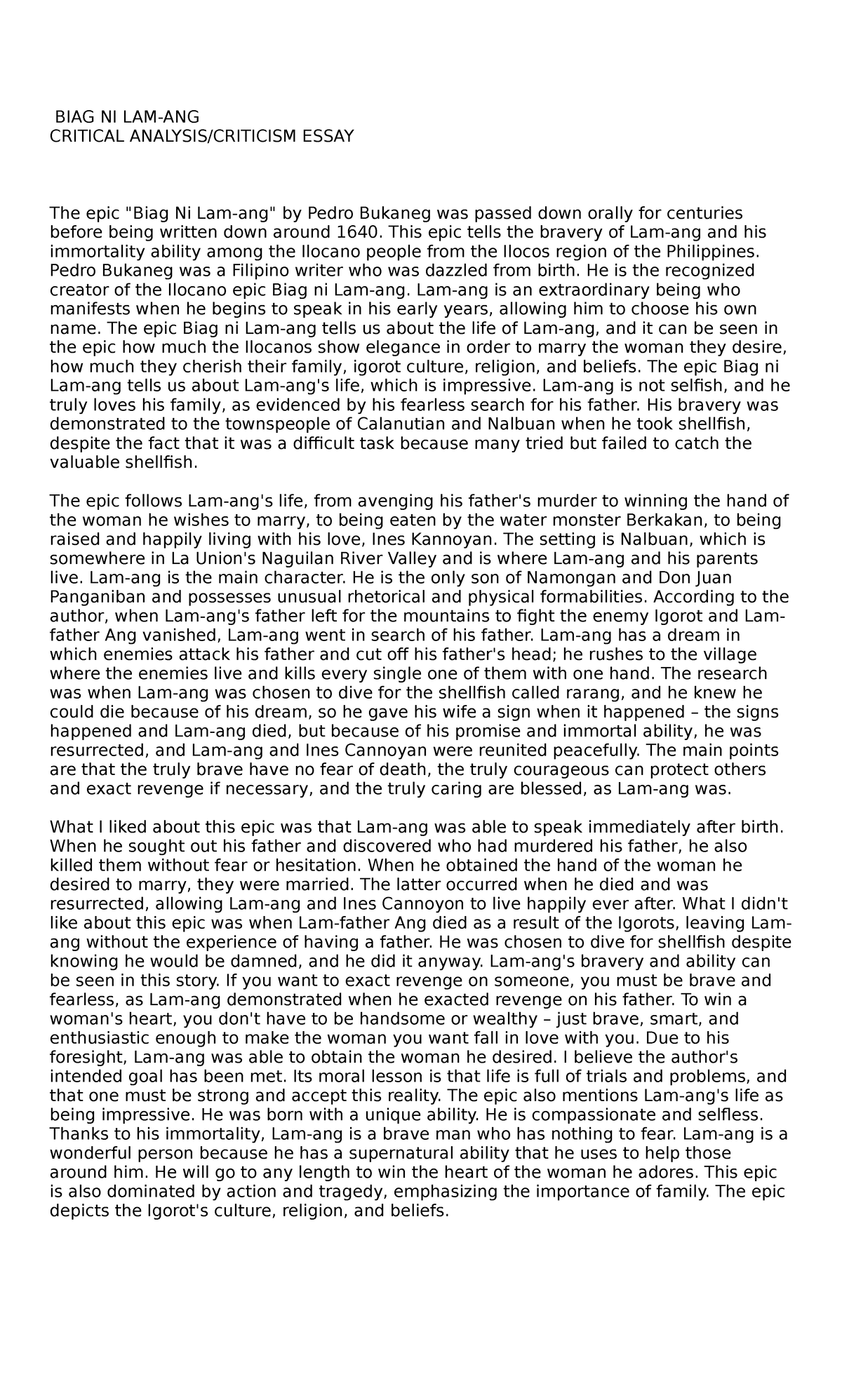 BIAG NI LAM - BIAG NI LAM ANG - BIAG NI LAM-ANG CRITICAL ANALYSIS ...