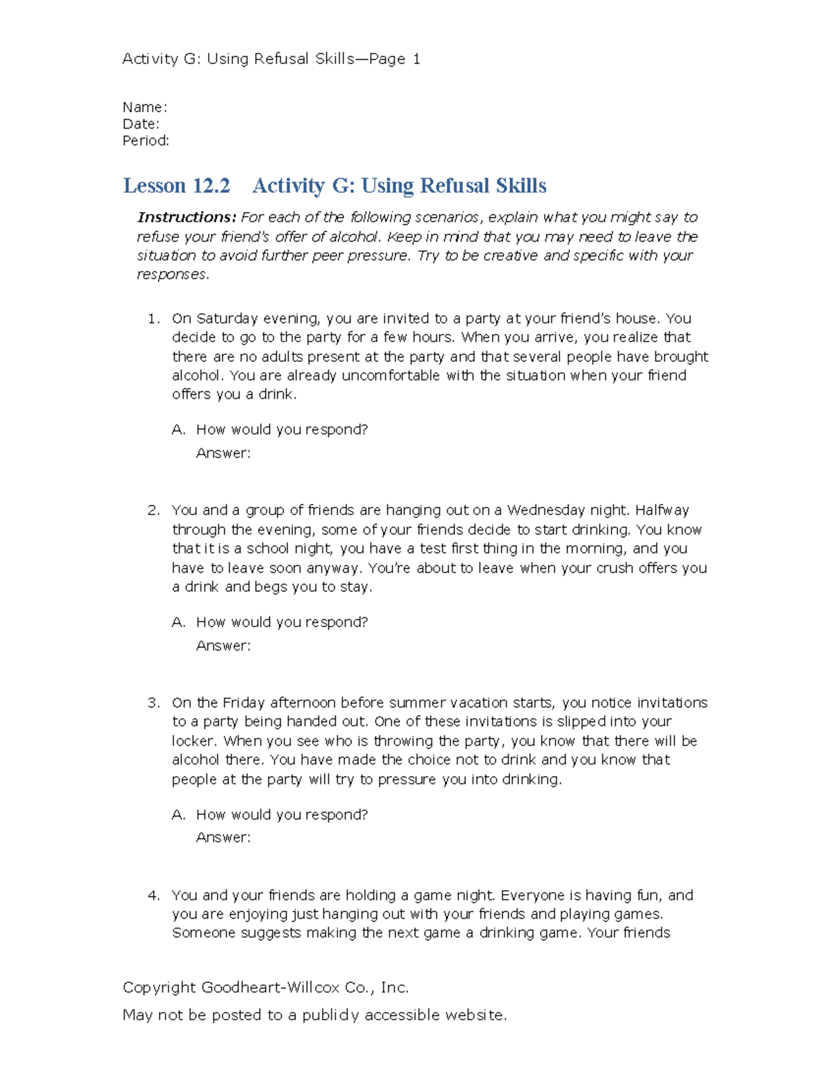 Lesson 12.2: Activity G - Refusal Skills for Alcohol Offers - Studocu