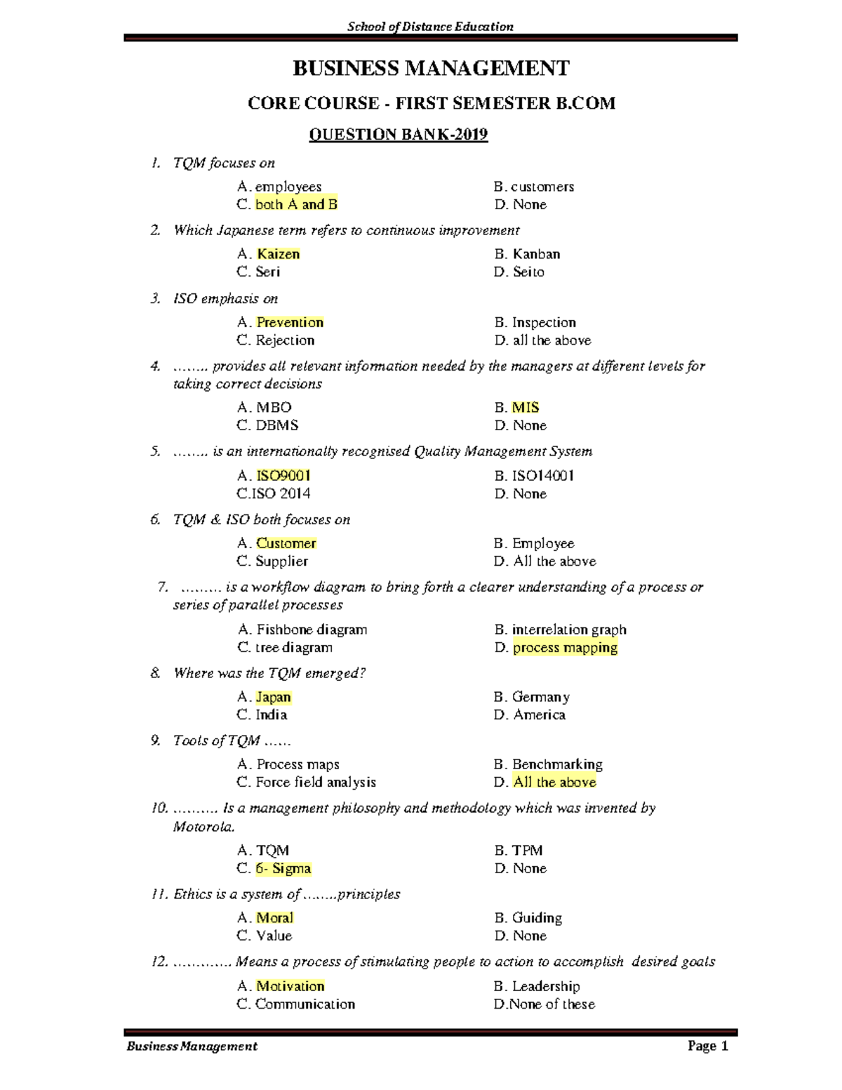 Business Management - MCQ Question Bank for Core Course 1st Sem - Studocu